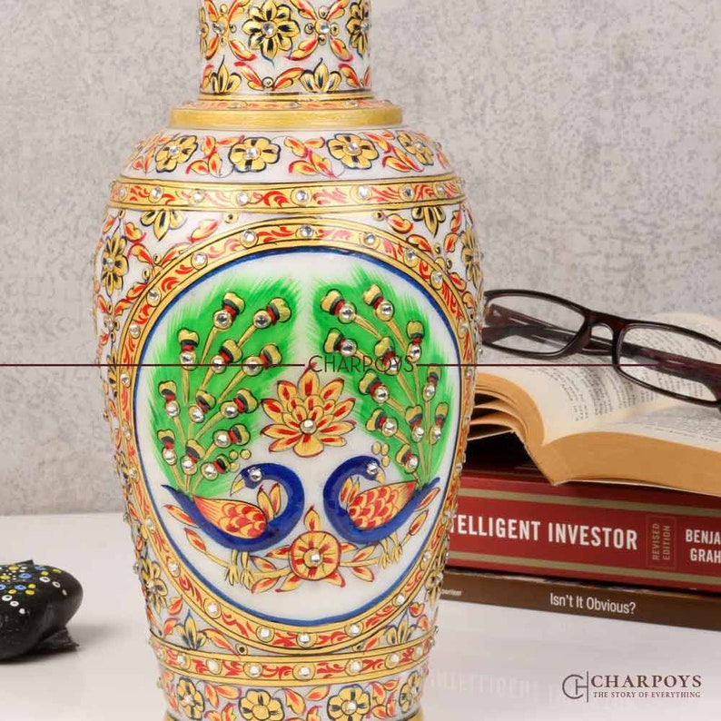 Rajasthani Antique Peacock Design Golden Plating Marble Flower Pot ...