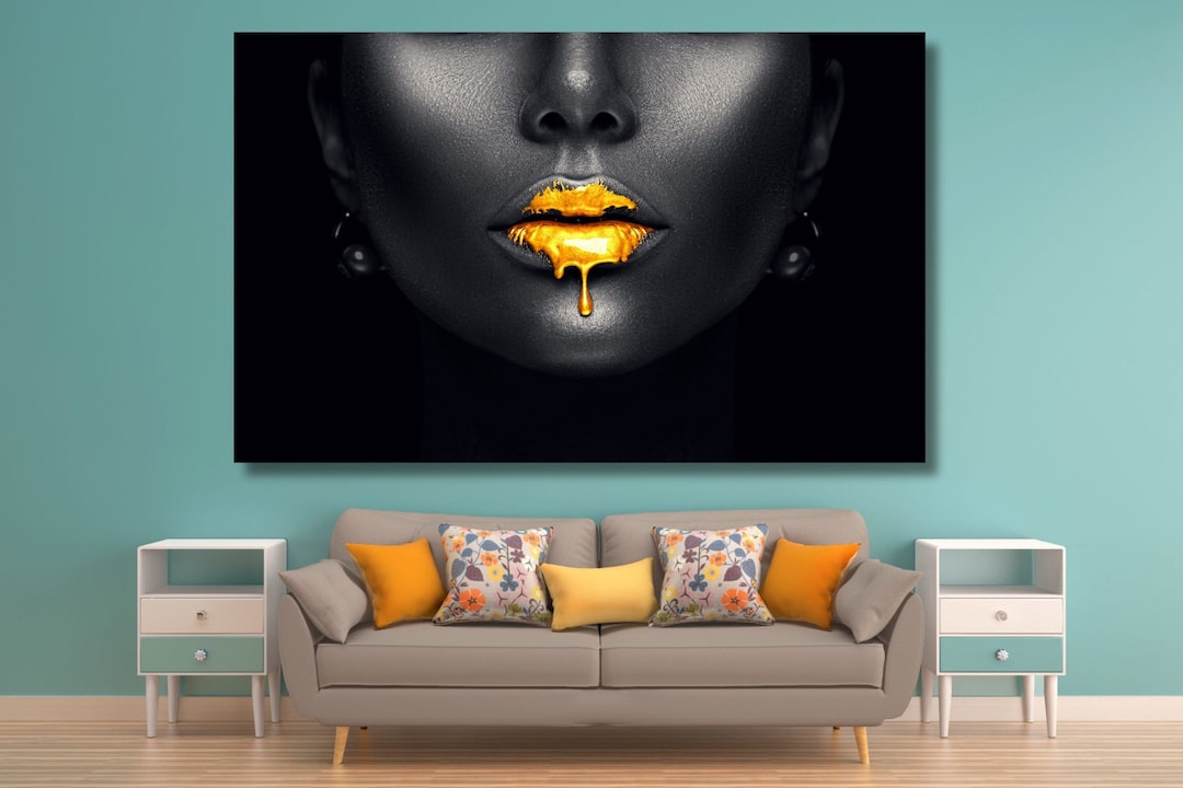 African Woman Golden Lips Canvas Art, Black Woman Wall Decor, Girl With ...