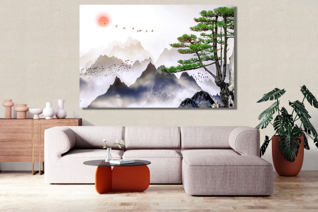 Bonsai Tree Canvas Wall Art/japanese Landscape Decor/distant Mountains ...