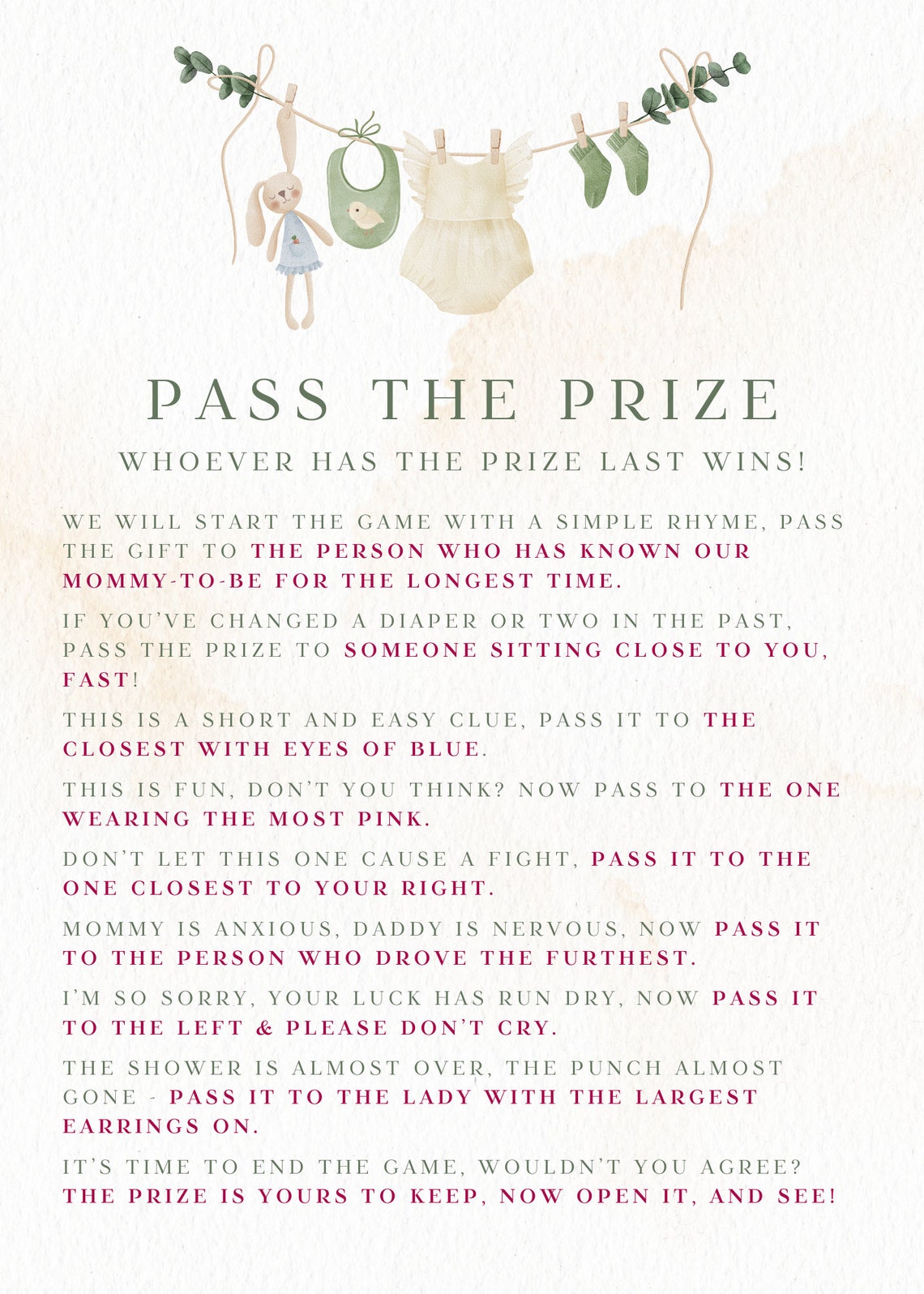 Pass the Prize Baby Shower Game - Instant Download - Fun & Interactive ...