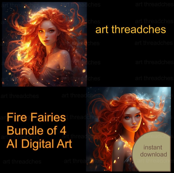 Bundle of 4 Beautiful Fire Fairies Clipart, Watercolor, Girl on Fire ...