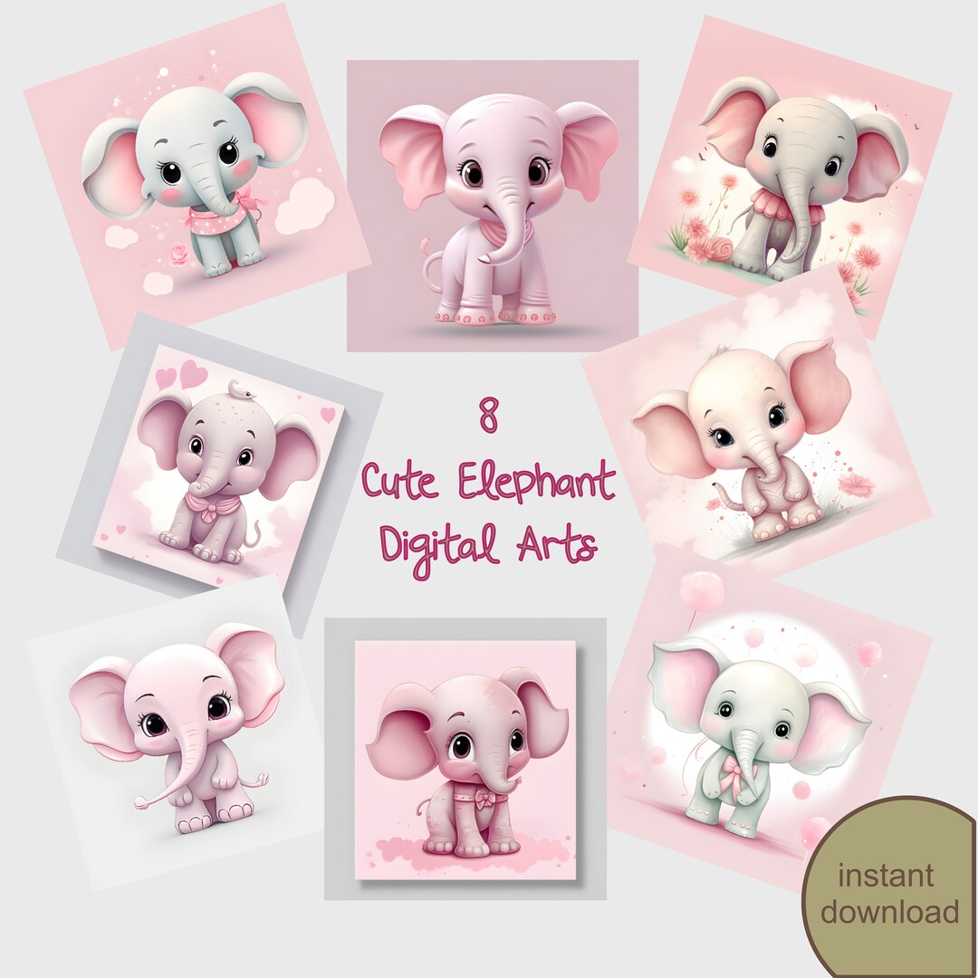 Bundle of 8 Cute Pink Baby Elephants, Clipart's, Watercolor, High ...