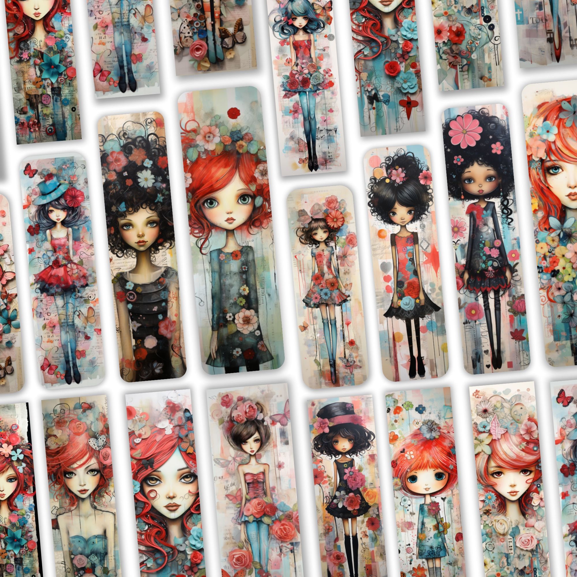 Cute Paper Doll Printable Bookmarks| 16 Cute Mixed Media Bookmark on 4 ...