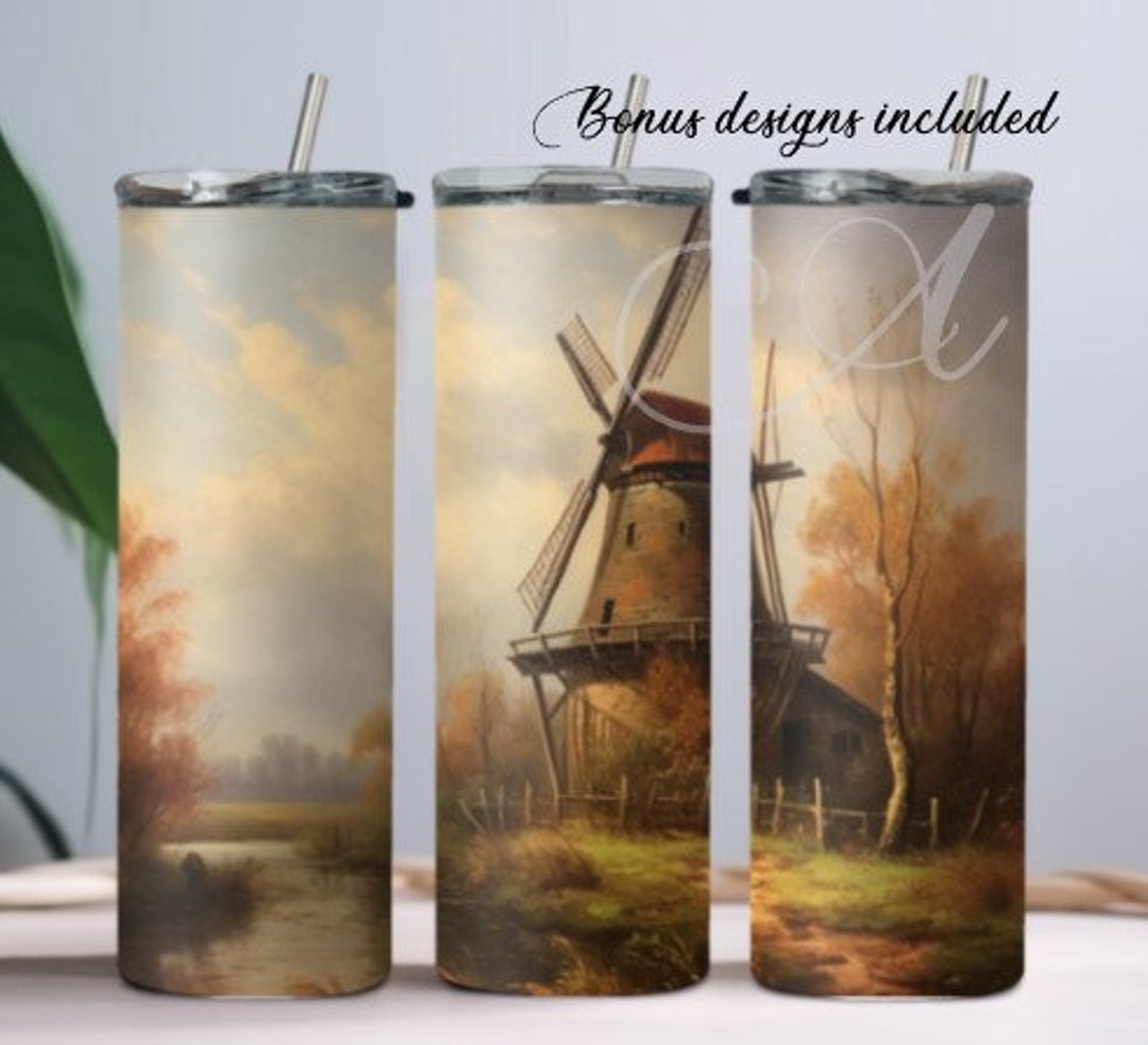 Antique Windmill Oil Painting Style, 20 Oz Skinny Tumbler Sublimation ...