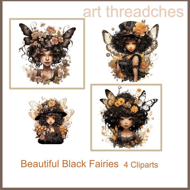 Bundle of 4 Afro Black Fairies Clipart, Watercolor, Ai Digital Art, PNG ...