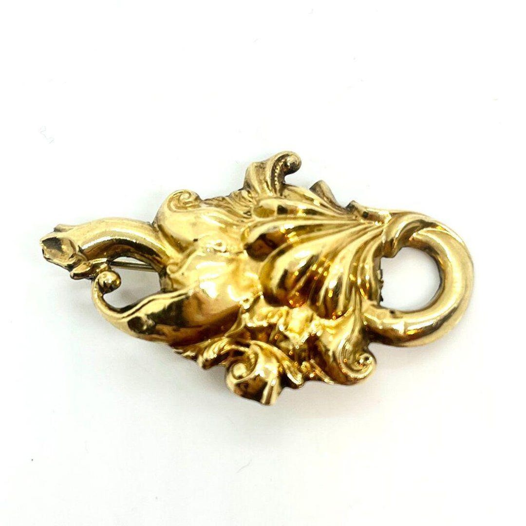 VINTAGE ART NOUVEAU Gold Tone Repousse Brooch Long Pin Antique Ornate ...