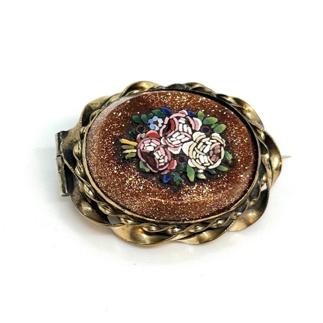 ANTIQUE MICRO MOSAIC Goldstone Brooch Italy Floral Micro Tile Pin ...