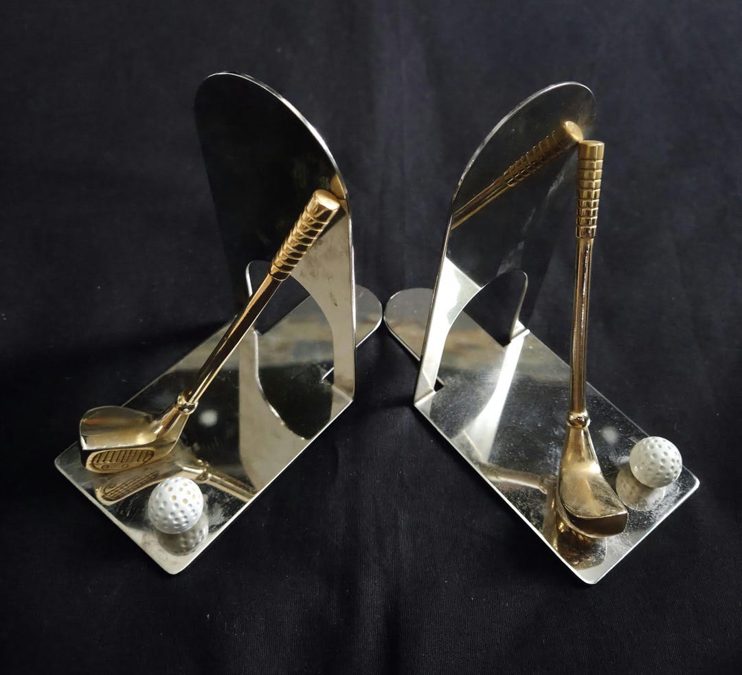 Vtg Traditional Golf Club Bookends Metal Chrome & Brass 5.5"x5.5" Each ...