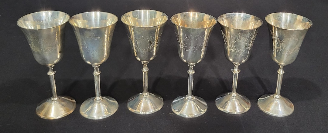 6 Vtg Etched Silverplate EPNS Wine Goblets With Box Size 5.20"x2.25 ...