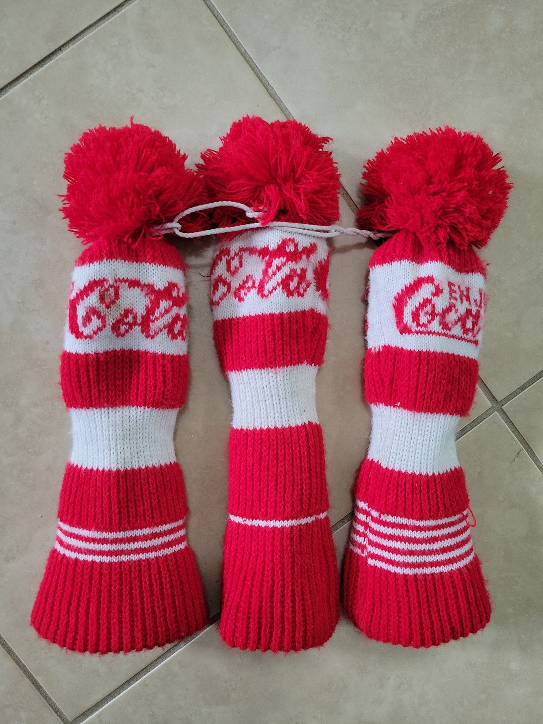 Vintage Coca-cola Golf Club Head Covers Knit Pom Pom enjoy Coca-cola ...