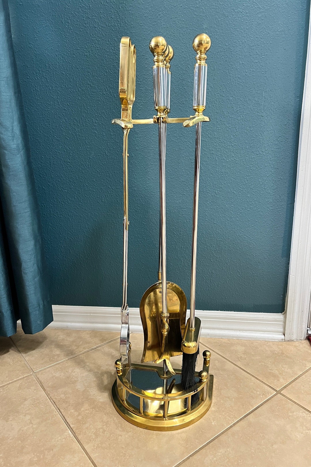 Vtg Brass& Stainless Steel Fireplace Tool Set 5-stand,tong, Sweeper ...