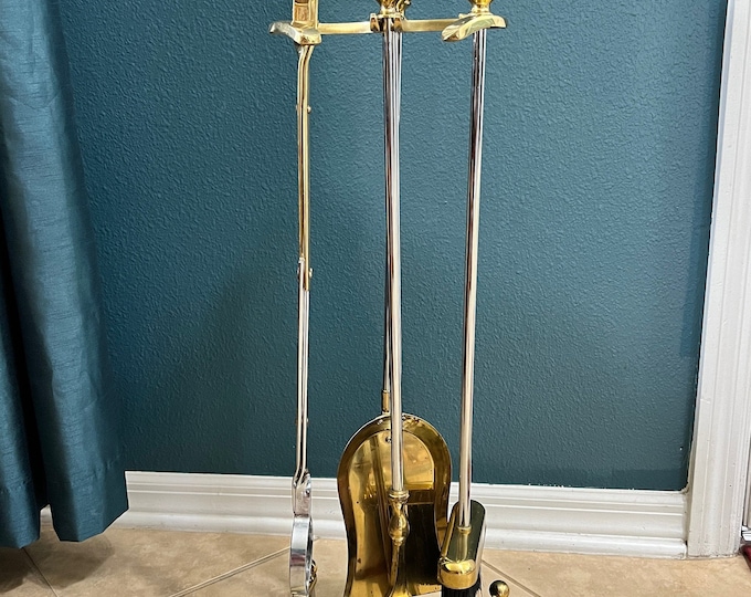 Vintage Fireplace Brass Tools Set 4 Tools and the Stand Holder Poker ...