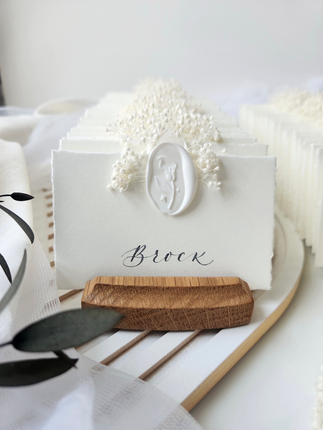 Deckled Edge Ivory Place Cards With Dried Flowers Decor Featuring ...
