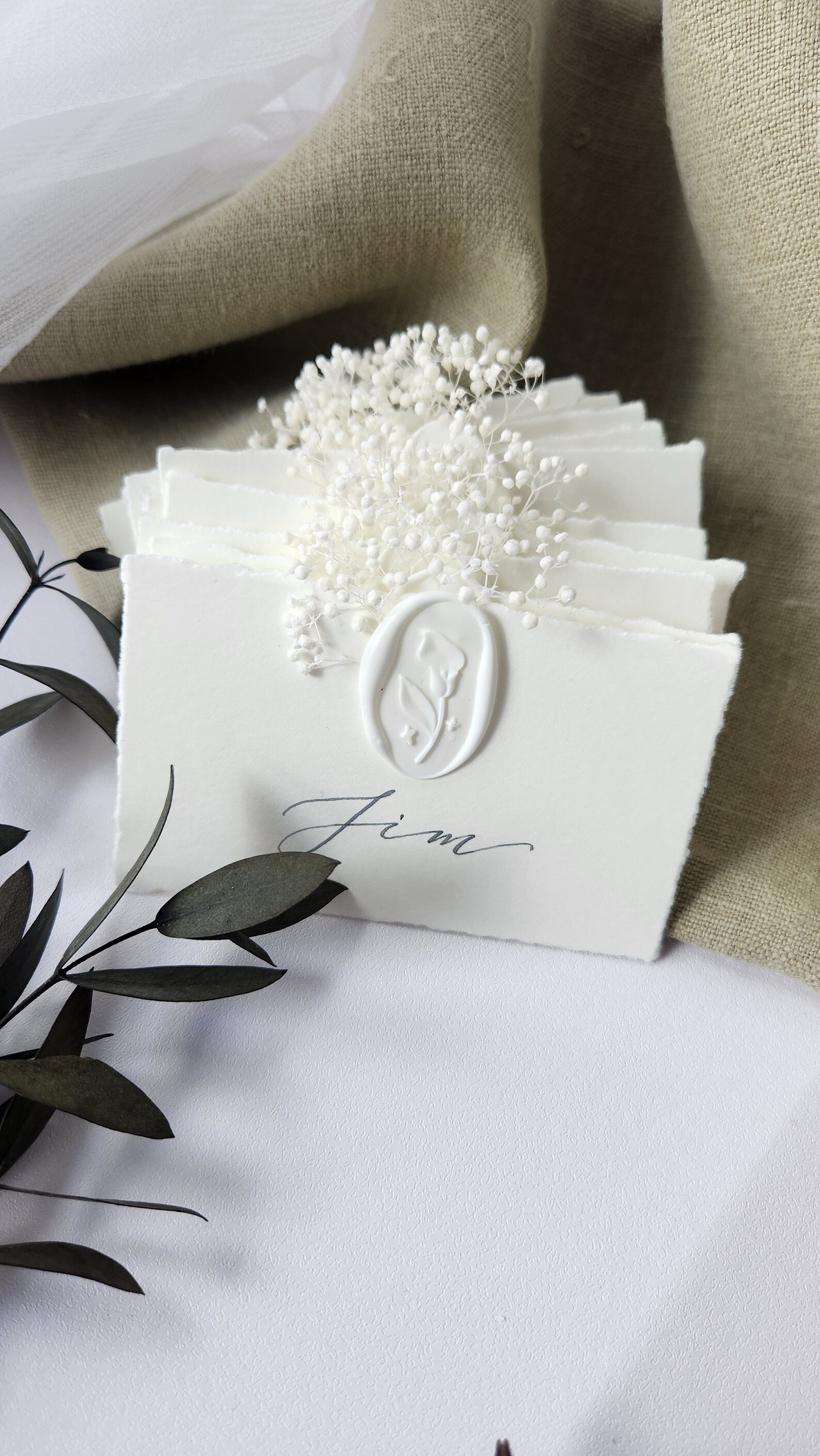 Deckled Edge Ivory Place Cards With Dried Flowers Decor Featuring ...
