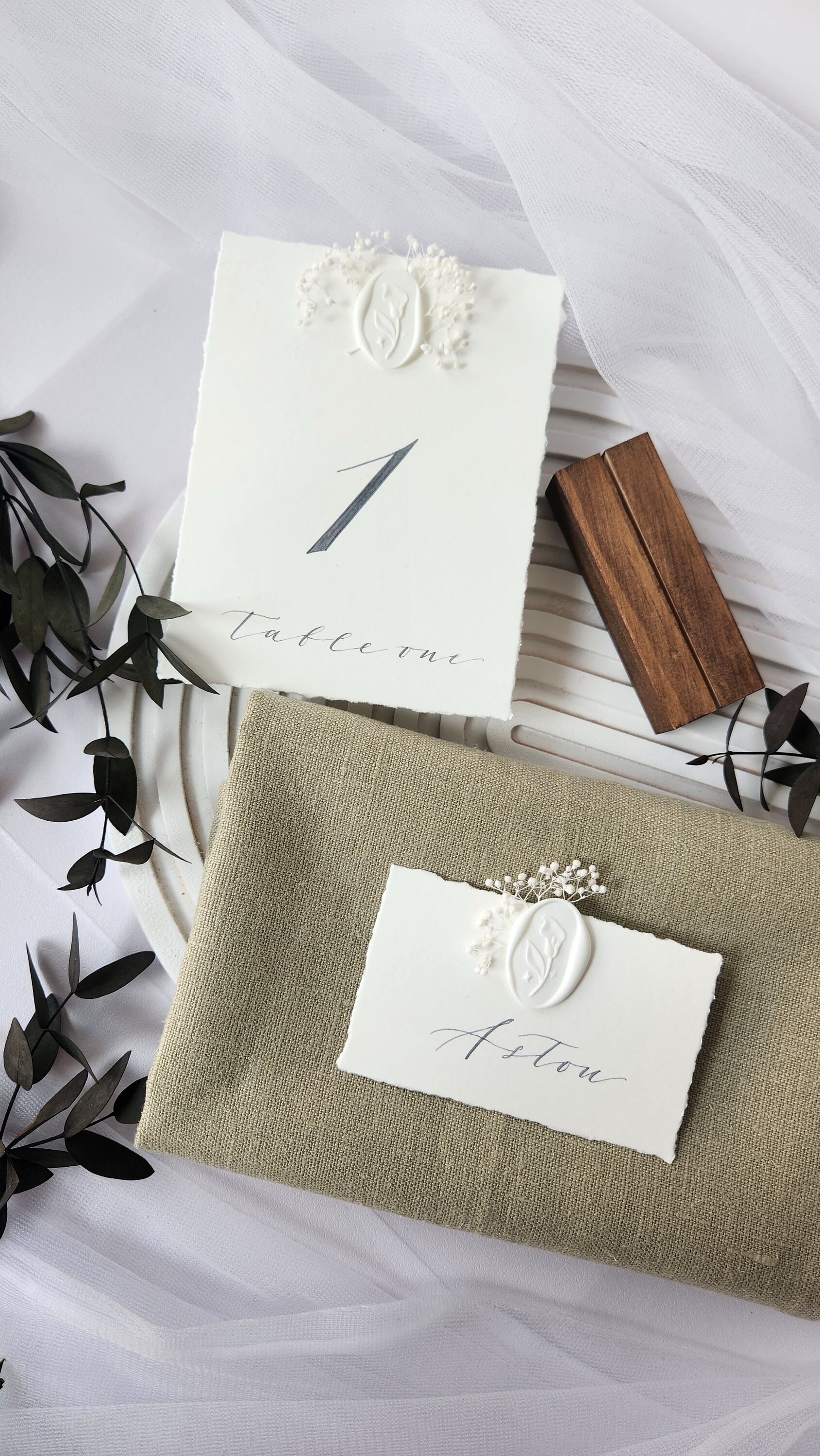 Deckled Edge Ivory Place Cards With Dried Flowers Decor Featuring ...