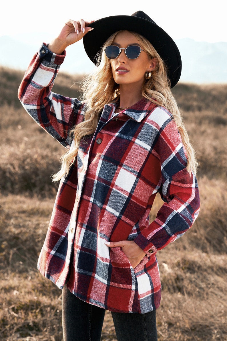 Double Take Plaid Dropped Shoulder Pocketed Shirt Jacket - Etsy