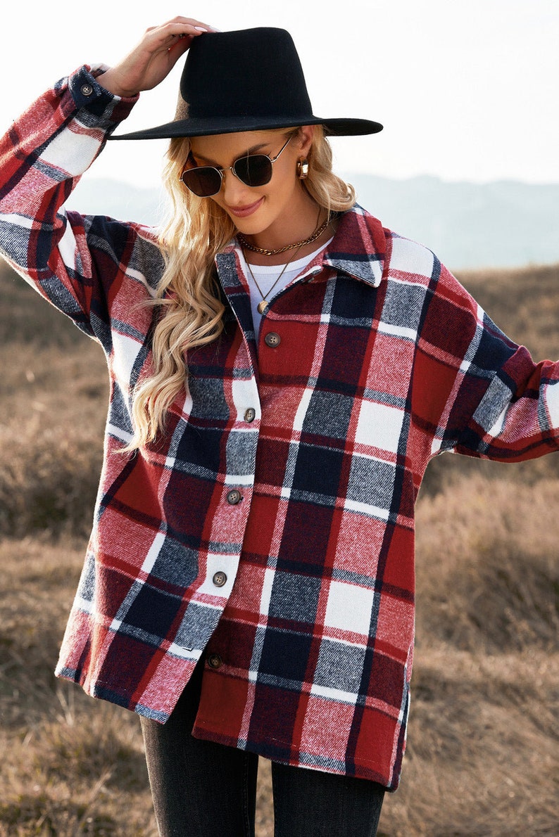 Double Take Plaid Dropped Shoulder Pocketed Shirt Jacket - Etsy