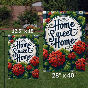 Red Geranium Home Sweet Home Garden Flag, Home Sweet Home Flag, Home ...