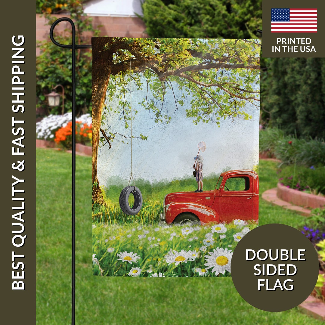 Spring Truck Garden Flag, Floral Red Truck Flag, Spring Flag, Daisy ...