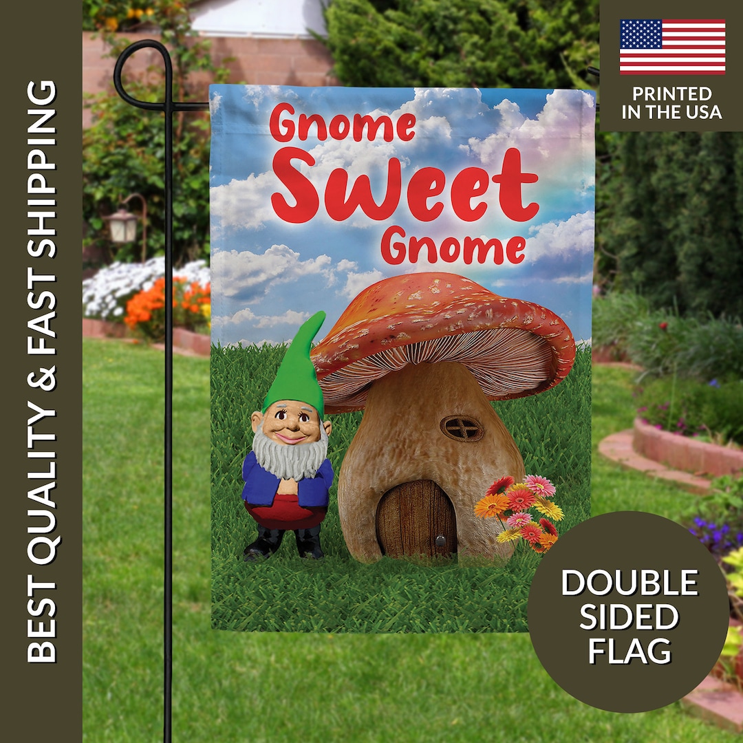 Gnome Sweet Gnome Garden Flag, Toadstool Gnome Garden Flag, Gnome Flag ...