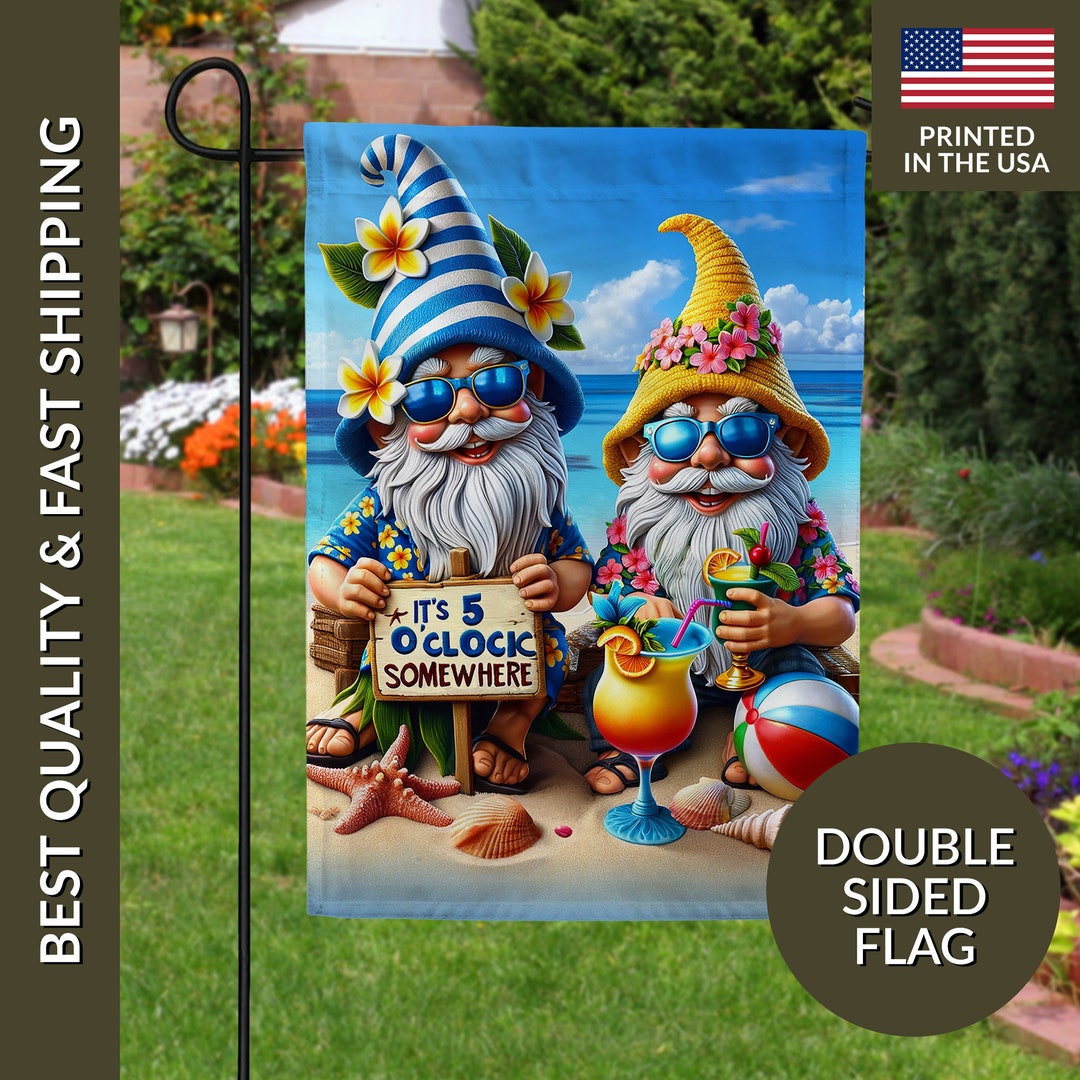 It's 5 O'clock Somewhere Garden Flag, Summer Gnome Flag, Beach Gnome ...