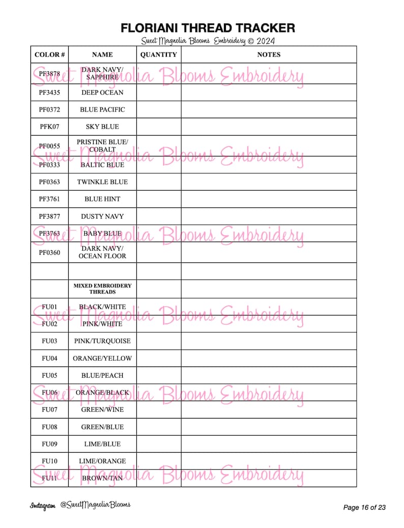Floriani Embroidery Thread Tracker PDF Digital Download - Etsy