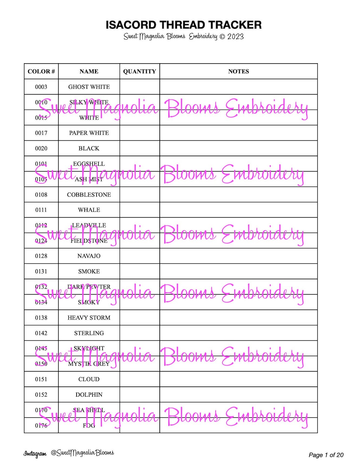 Isacord Embroidery Thread Tracker PDF Digital Download - Etsy