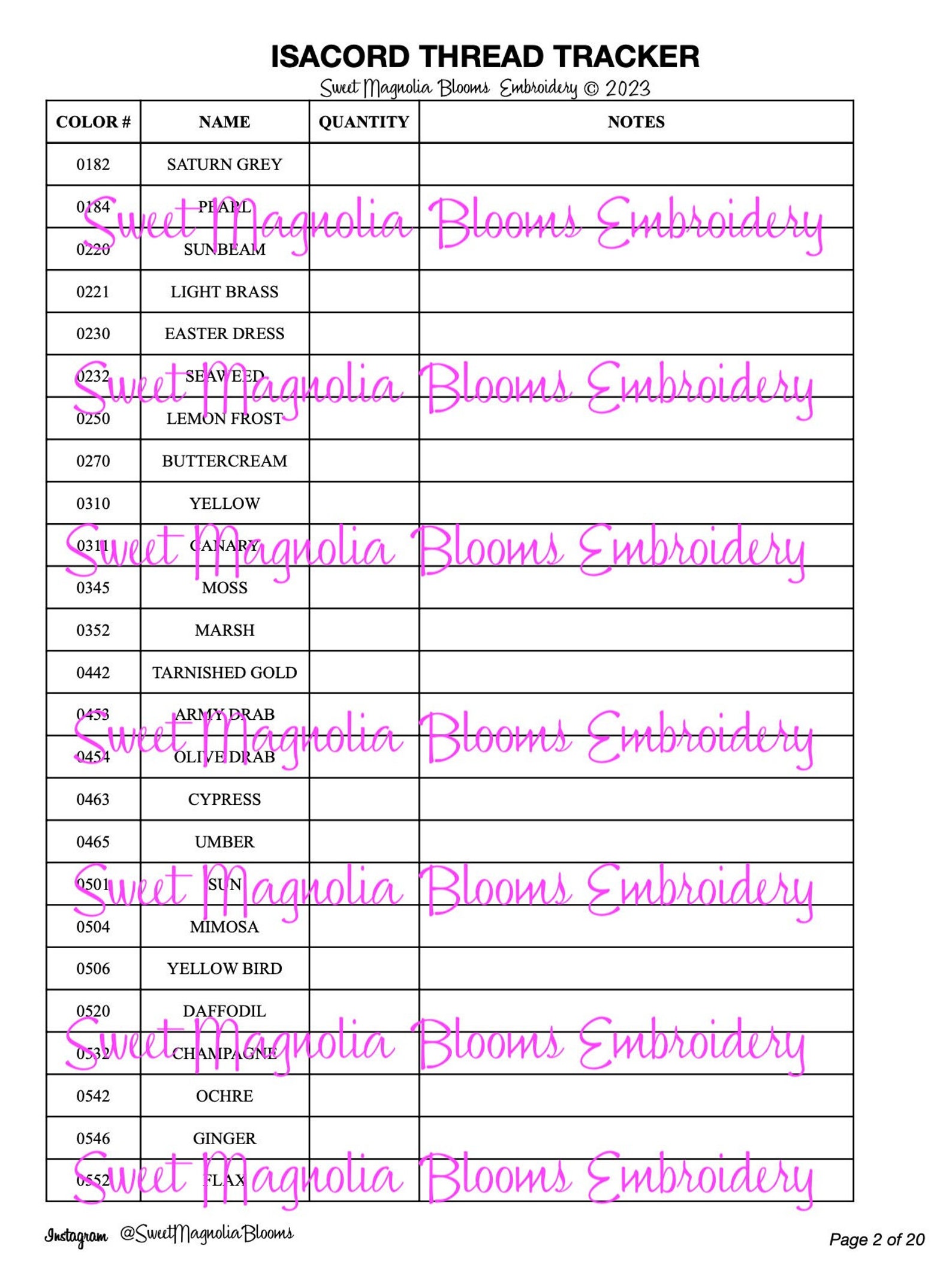 Isacord Embroidery Thread Tracker PDF Digital Download - Etsy