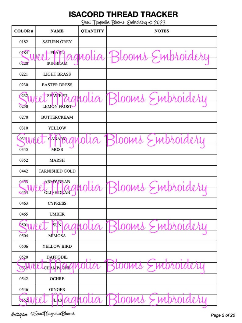 Isacord Embroidery Thread Tracker PDF Digital Download - Etsy