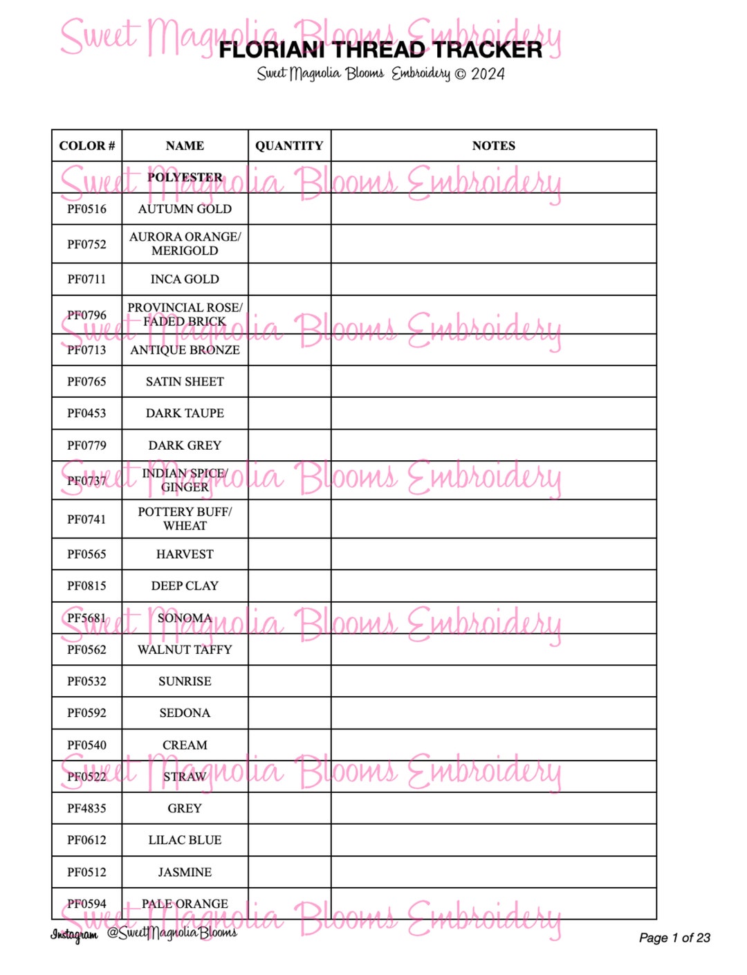 Floriani Embroidery Thread Tracker PDF Digital Download - Etsy