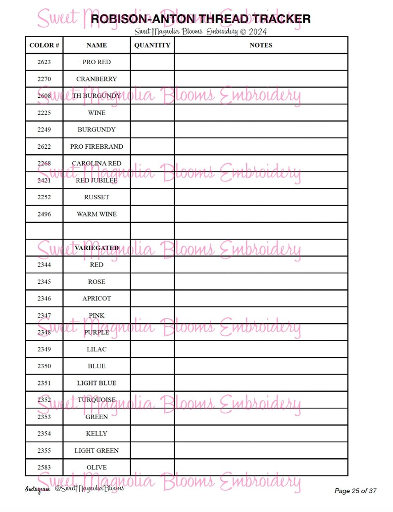 Robison-anton Embroidery Thread Tracker PDF Digital Download - Etsy