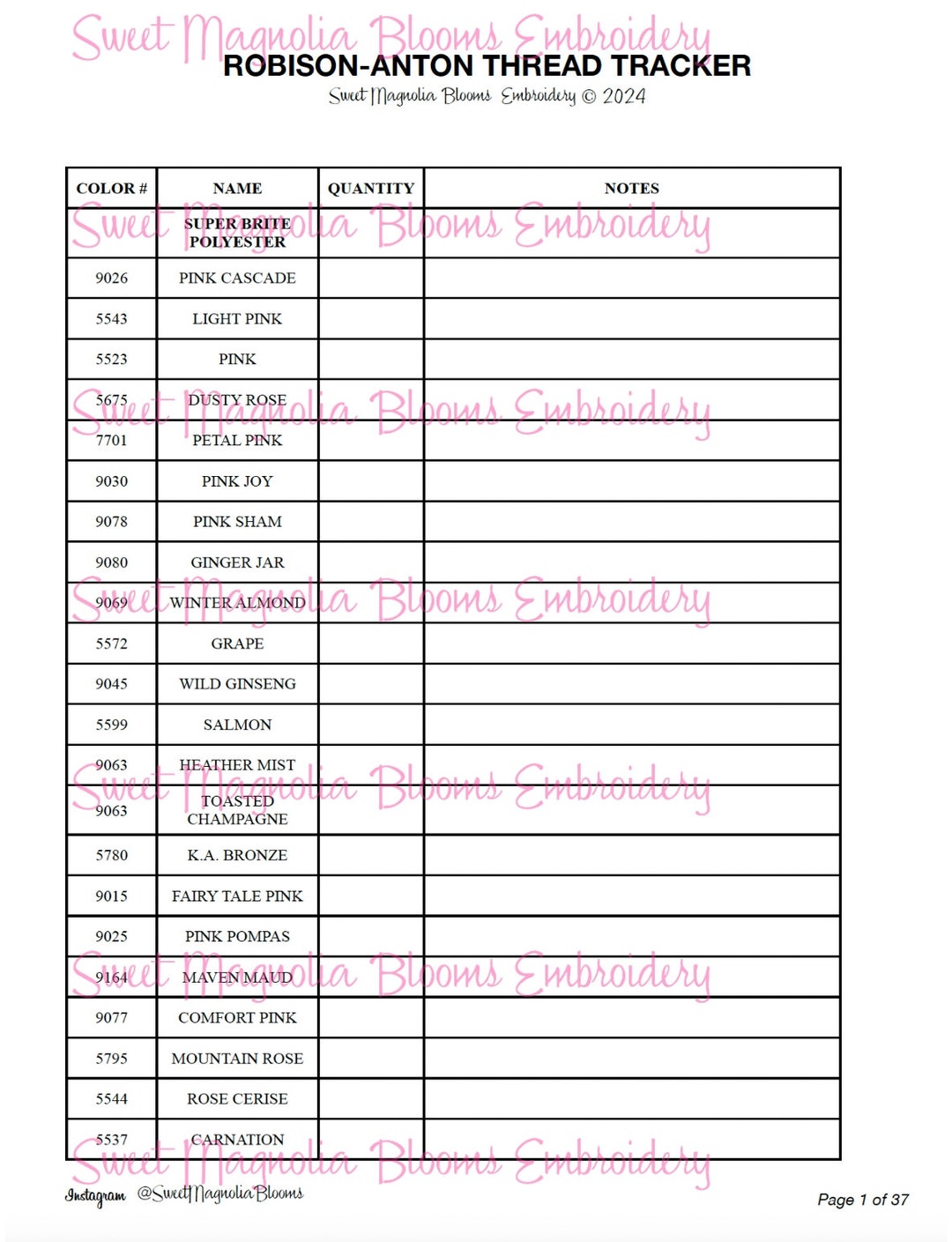 Robison-anton Embroidery Thread Tracker PDF Digital Download - Etsy