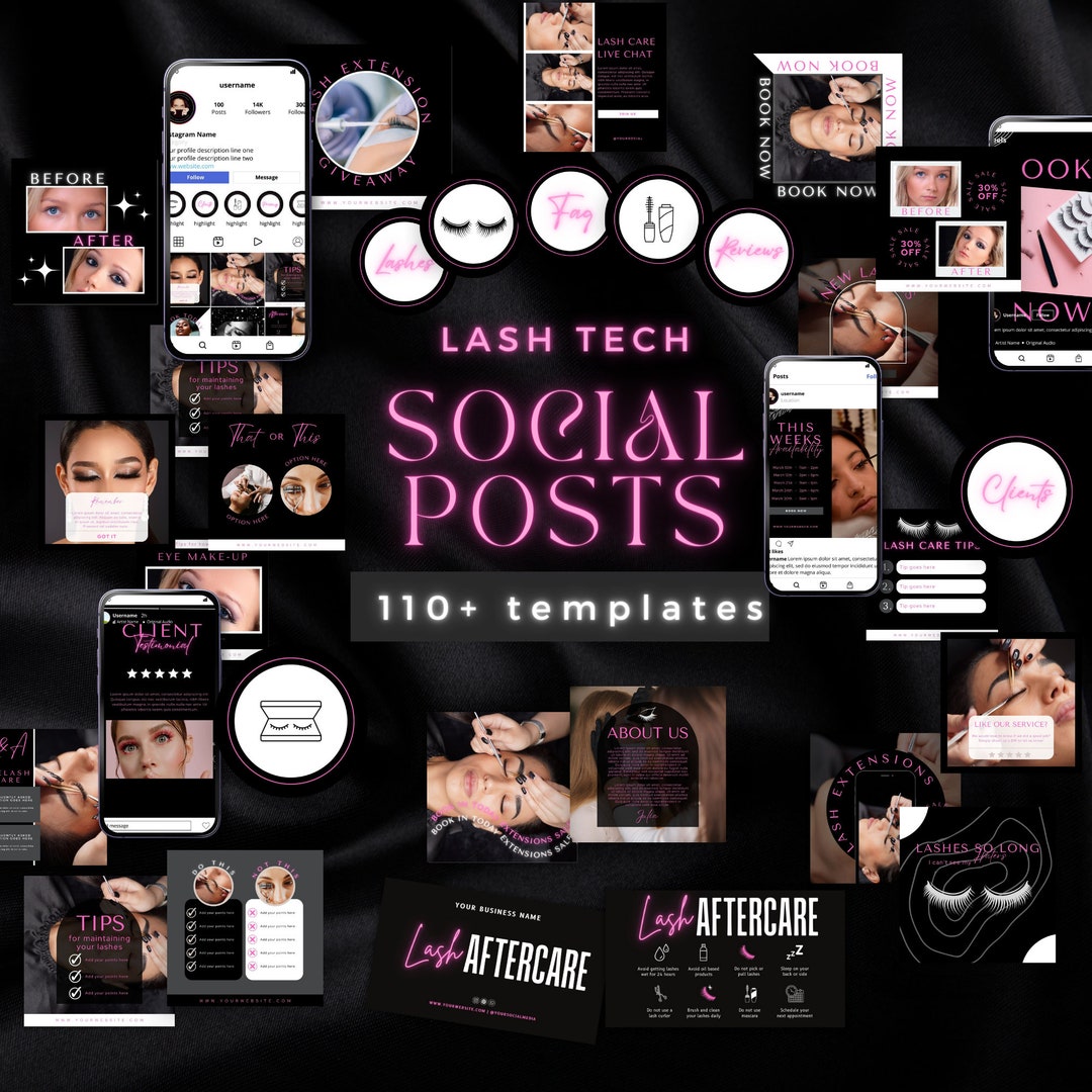 Lash Extension Social Media Post Bundle, Pink and Black Instagram Post ...