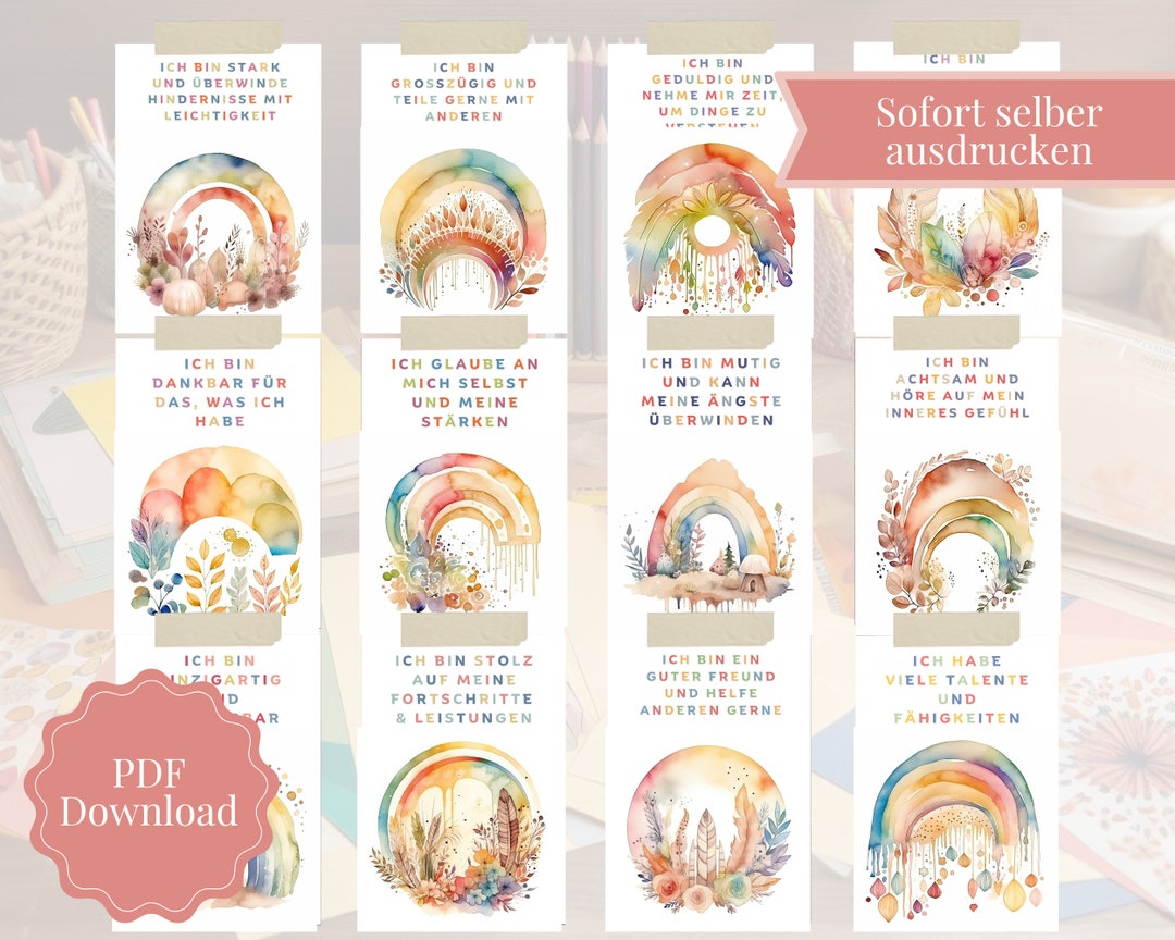 Boho Rainbow Affirmation Cards for Children Self-printable Motivational ...