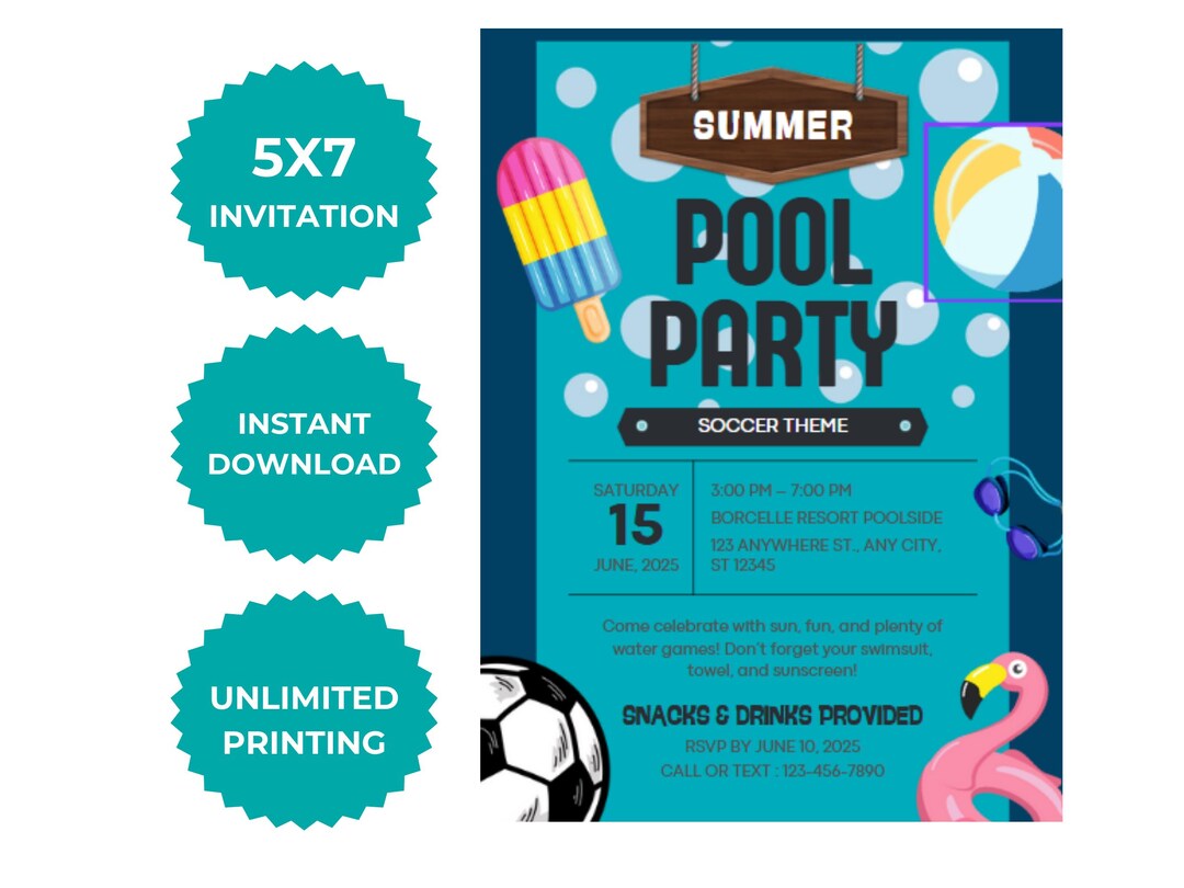 Soccer Pool Party Invitation I Soccer Pool Party I Summer Party I ...