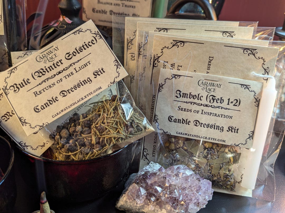 Wheel of the Year Candle Dressing Kit: Ritual Herbs, Spell Card & Oil ...