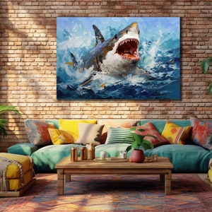 Blue Shark Canvas Art, Print for Bedroom Decor, Shark Wall Art, Animal ...