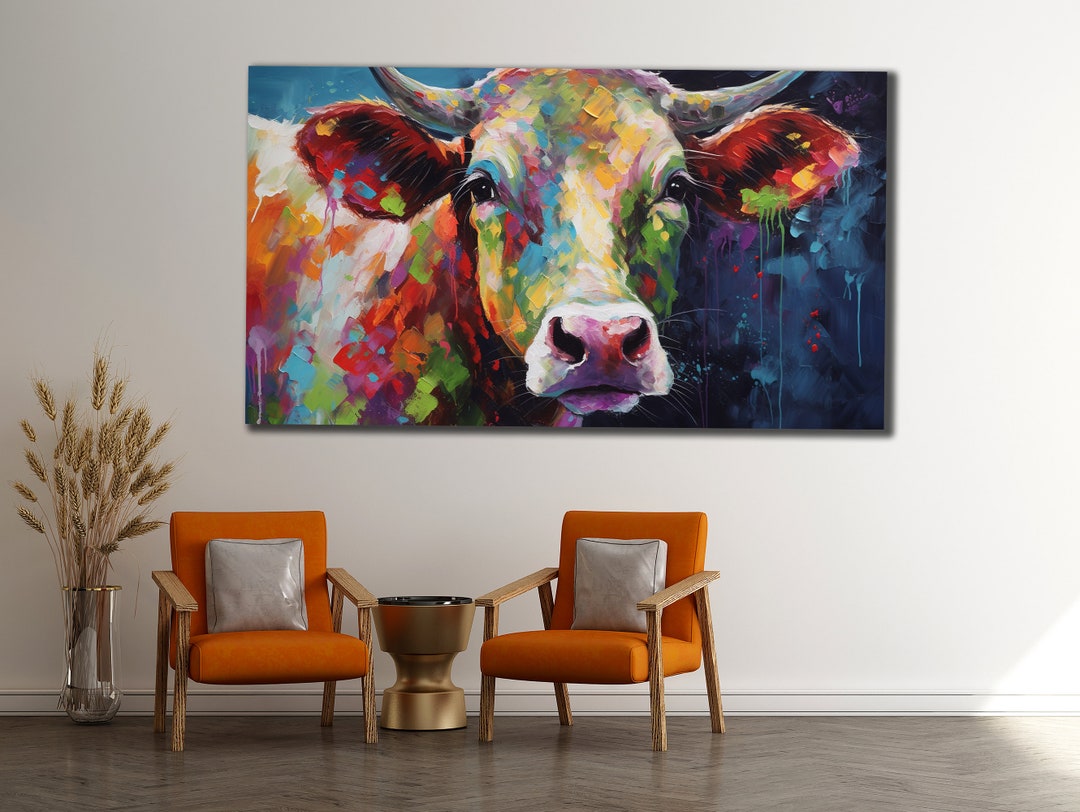 Colorful Cow Canvas Printing, Cow Wall Decor, Abstract Animal Wall Art ...