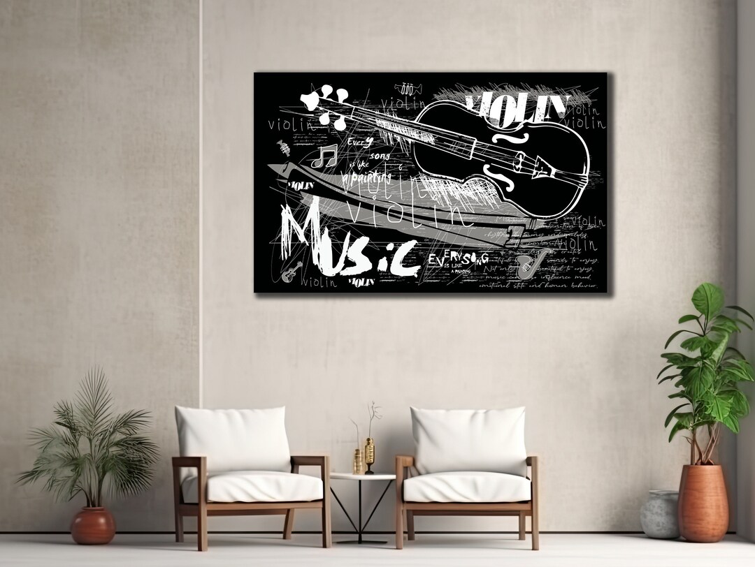 Violin Painting on Canvas, Graffiti Wall Art, Black White Wall Decor ...