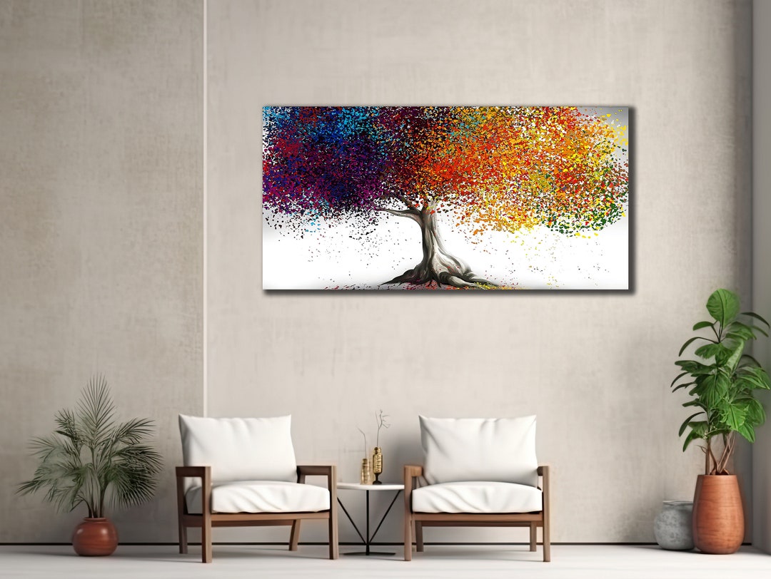 Tree Painting on Canvas, Colorful Tree Wall Art, Nature Wall Decor ...