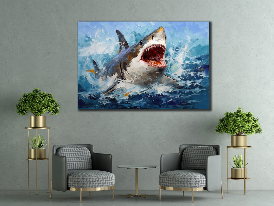 Blue Shark Canvas Art, Print for Bedroom Decor, Shark Wall Art, Animal ...