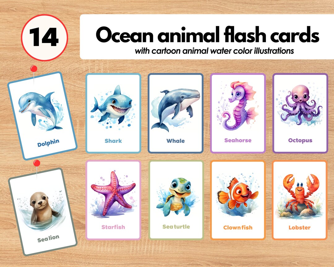 Ocean Animals Flashcards With Cartoon Animals Educational - Etsy