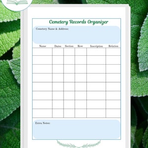 Cemetery Records Organizer Sheet | Printable Fillable | Family Tree ...