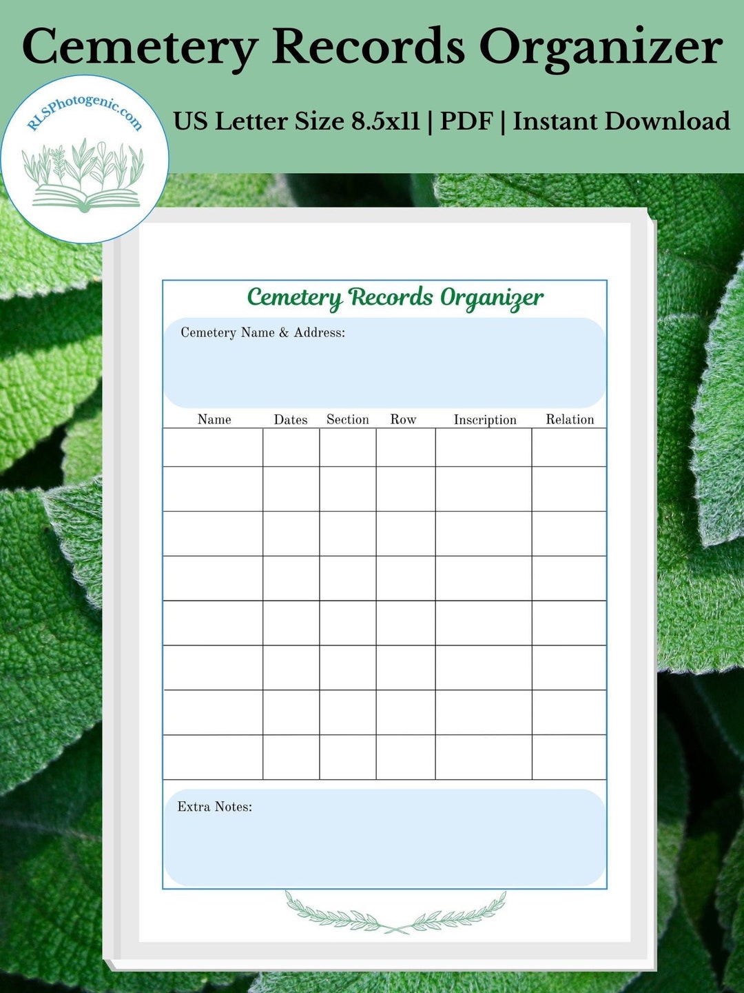 Cemetery Records Organizer Sheet Printable Fillable Family Tree History ...