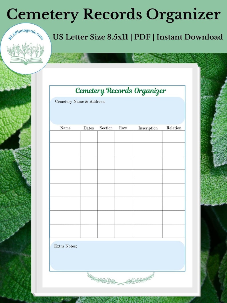 Cemetery Records Organizer Sheet | Printable Fillable | Family Tree ...
