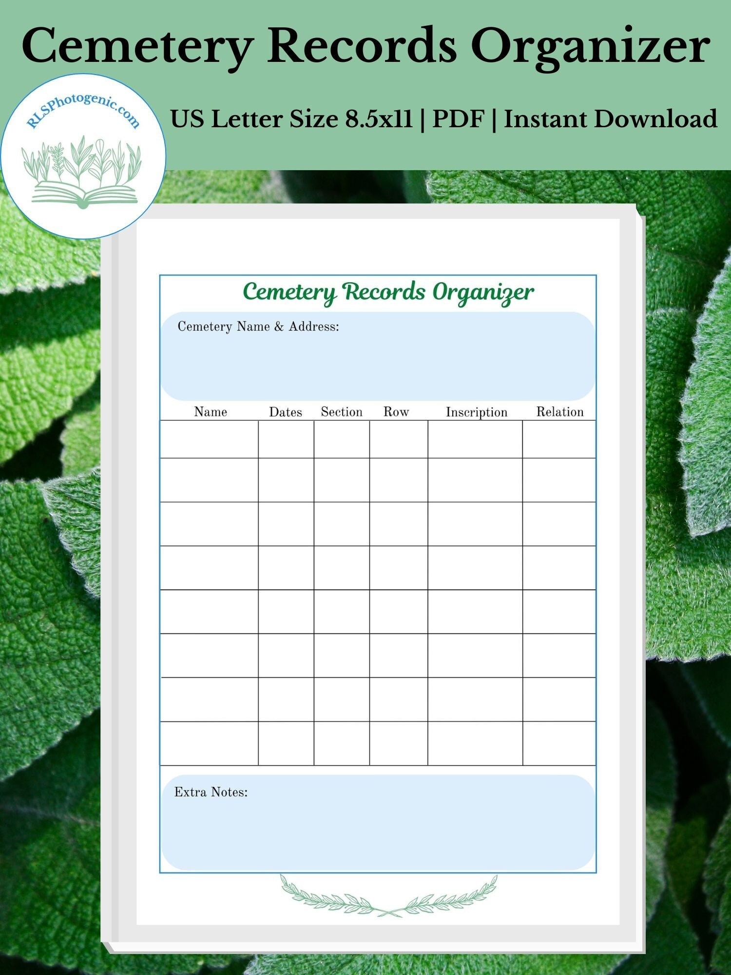 Cemetery Records Organizer Sheet | Printable Fillable | Family Tree ...