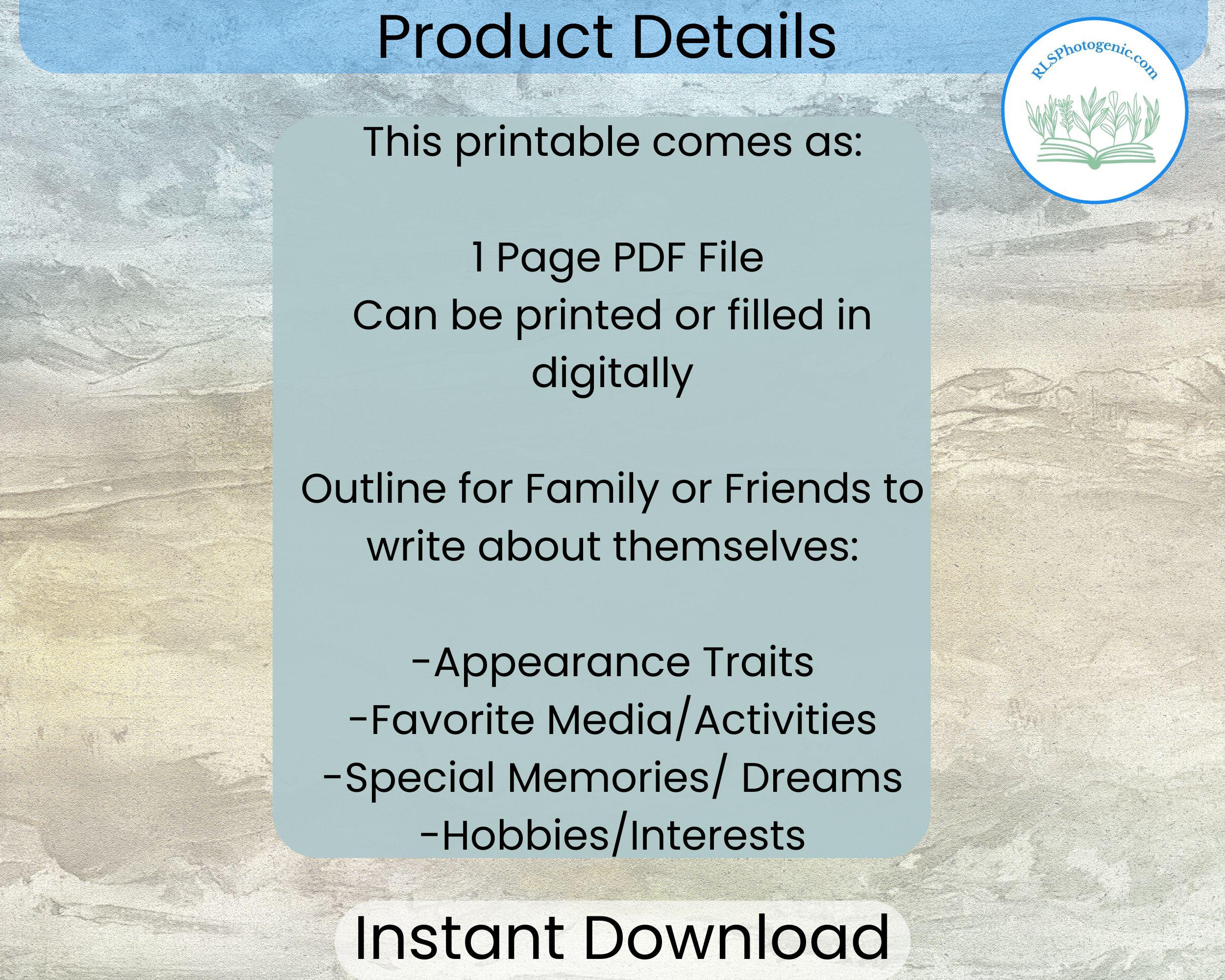 All About Me Printable Worksheet | Conversation Starters Family History ...