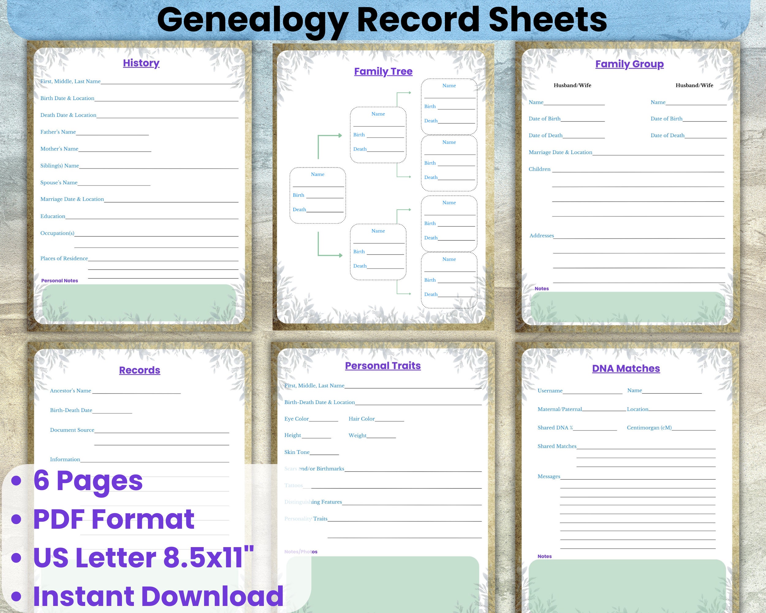 Genealogy Record Sheets Family Tree Research Ancestry Printable ...