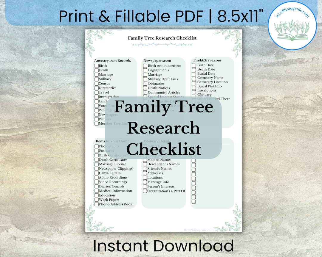 Family Tree Research Checklist | Genealogy Printable Worksheet ...