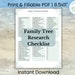 Family Tree Research Checklist Genealogy Printable Worksheet Ancestor ...